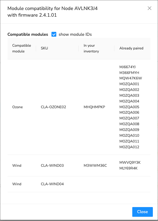 Checking Node-S and Accessory Module compatibility on Dashboard